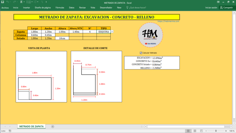 Excel para Metrado de Zapata: Excavación, Concreto y Relleno – Heb MERMA