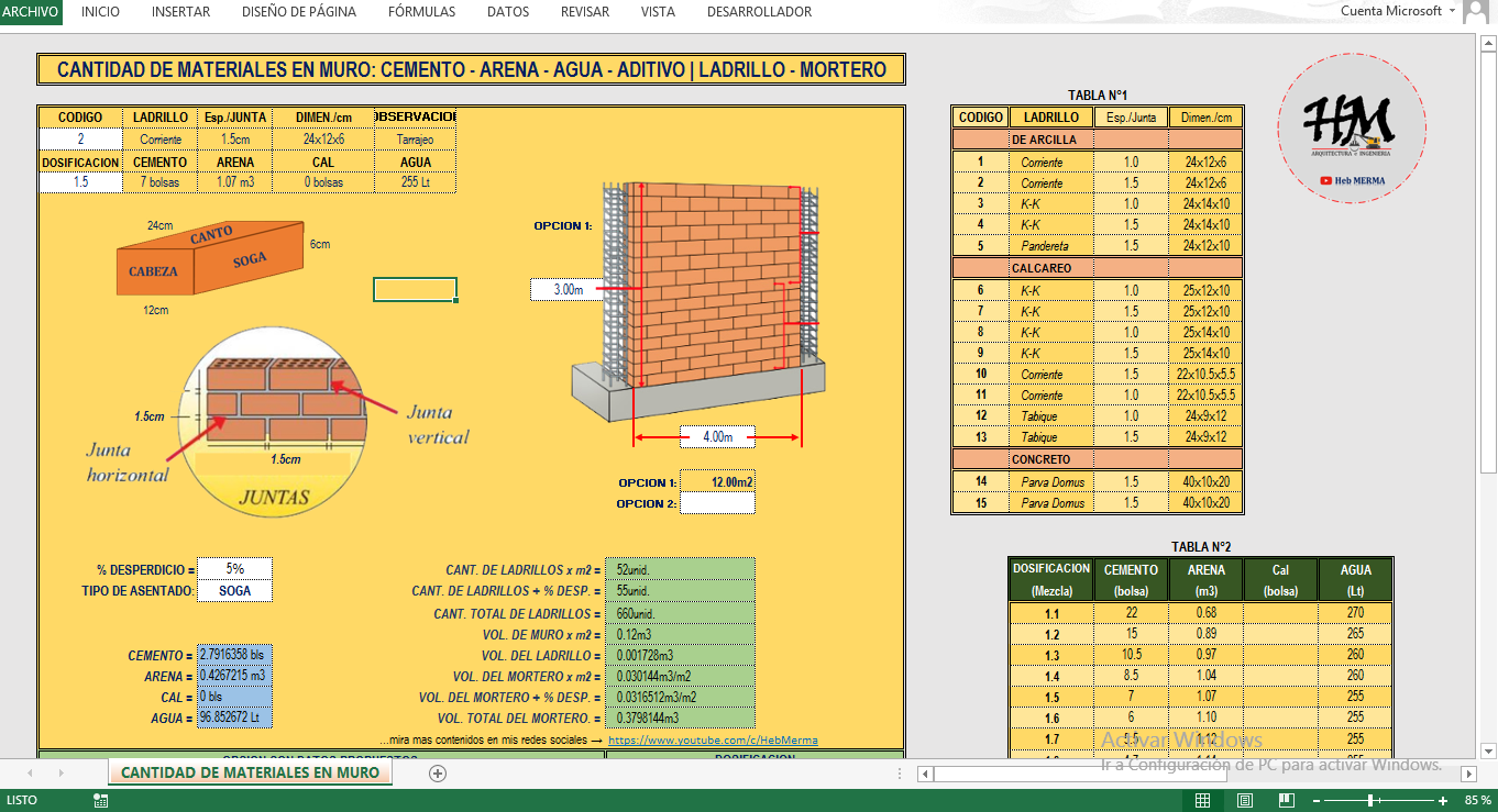 CÁLCULO DE MATERIALES EN MURO – Heb MERMA